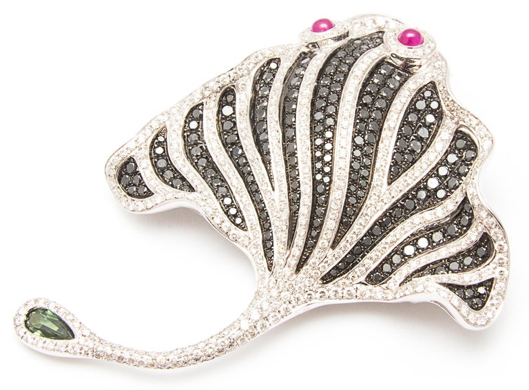 Stingray Brooch or Pendant in White Gold, Diamond, Ruby, Tourmaline ...