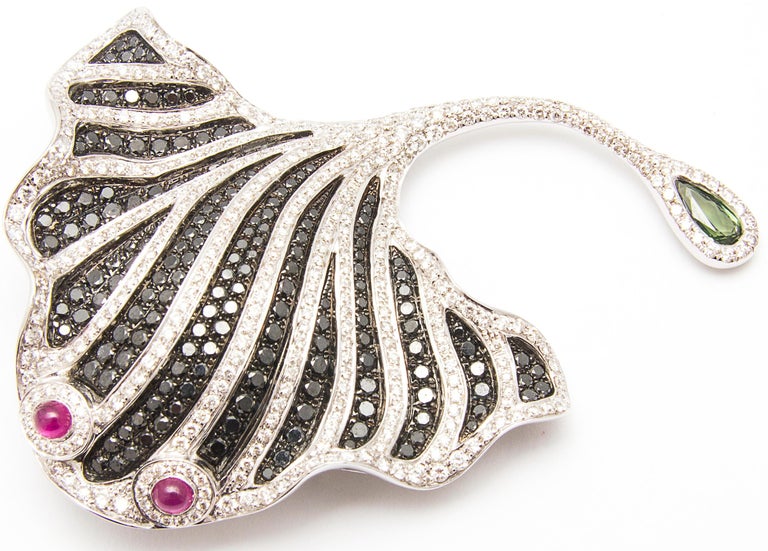 Stingray Brooch or Pendant in White Gold, Diamond, Ruby, Tourmaline ...