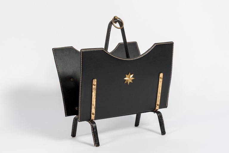 Stitched Leather Book Rack by Jacques Adnet For Sale at 1stDibs