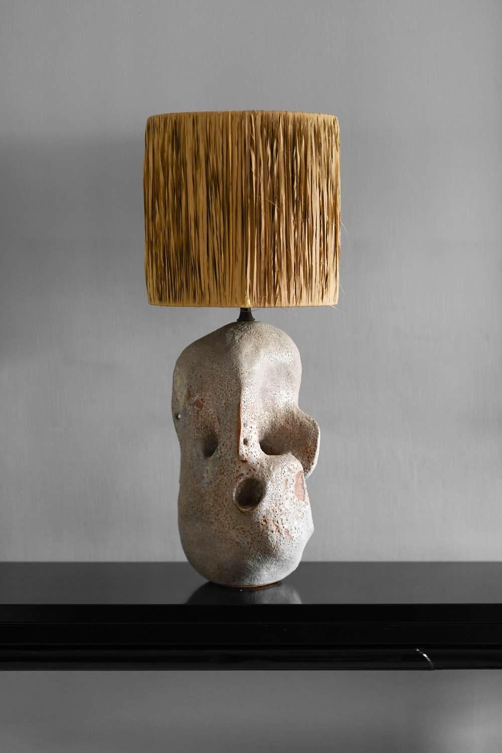 Stone table lamp complete with straw lampshade For Sale at 1stDibs