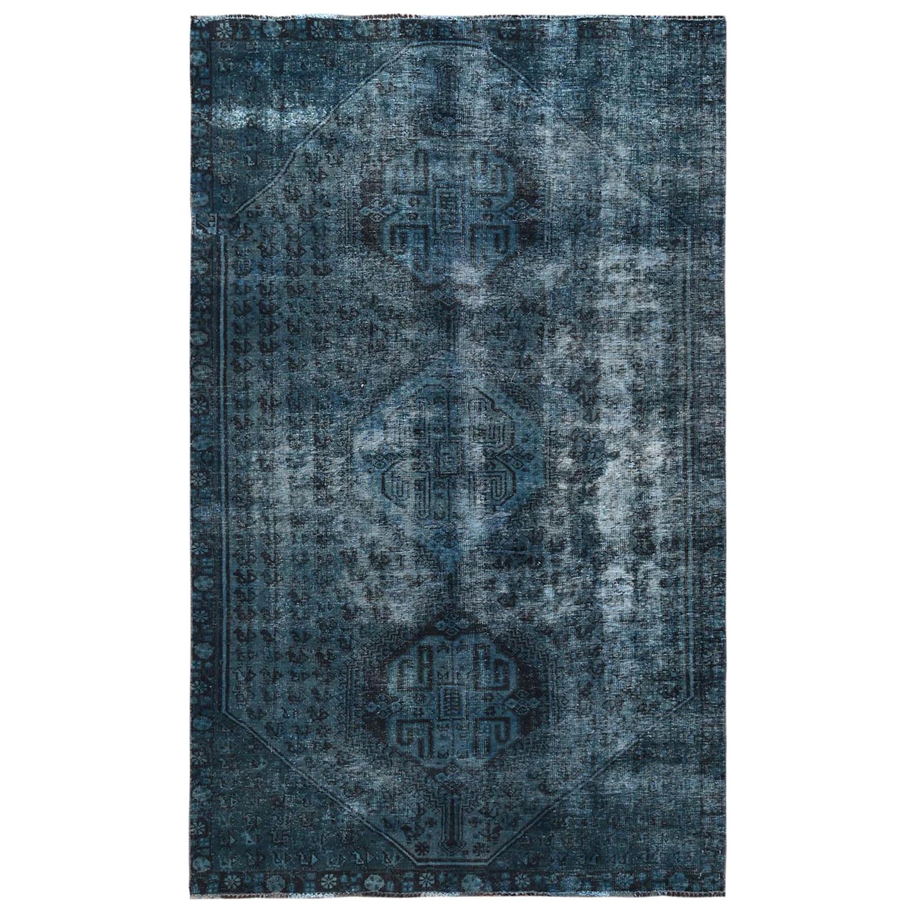 Stone Wash Overdyed Teal and Gray Cast Vintage Worn Wool Persian ...