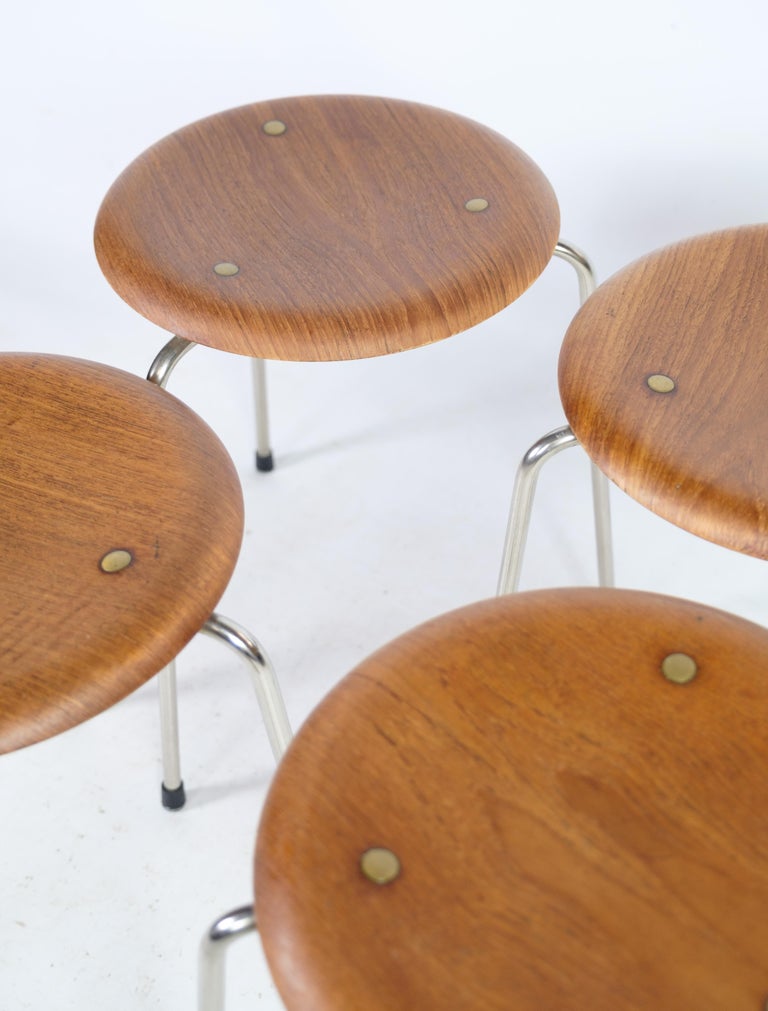 Stool with Three Legs, Chrome-Plated Metal, Teak Veneer Seat, Arne ...