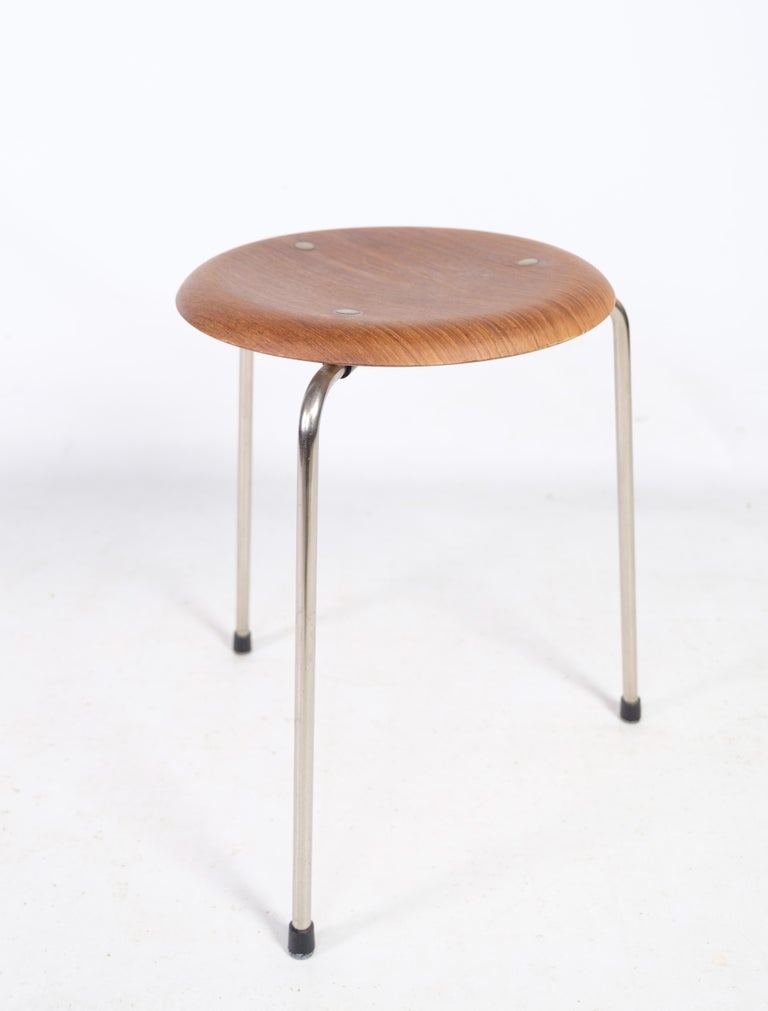 Stool with Three Legs, Chrome-Plated Metal, Teak Veneer Seat, Arne ...