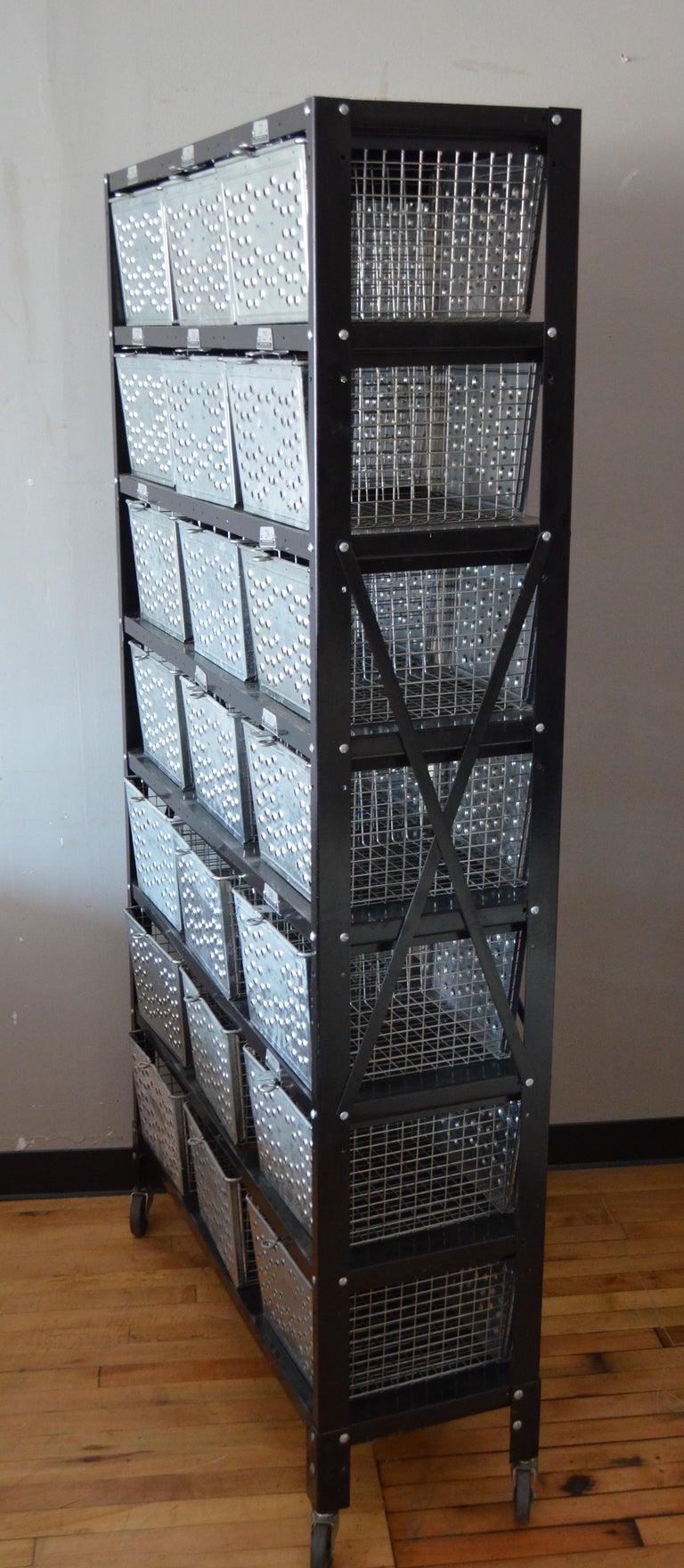 Storage Unit of 21 Swim Locker Wire Baskets on Wheeled Steel Rack For ...