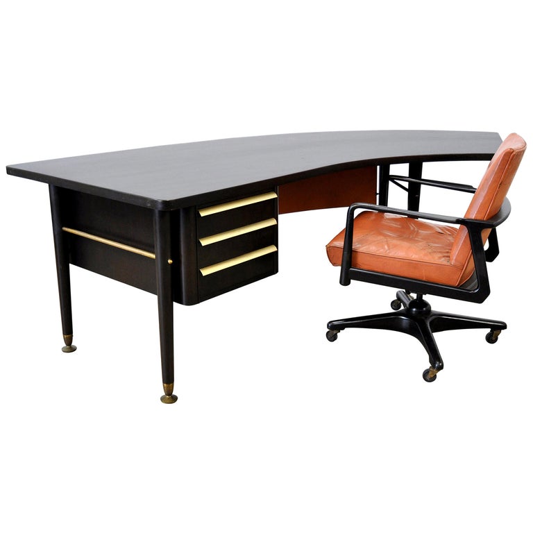 Stow and Davis Ebonized Walnut and Brass Boomerang Desk at 1stDibs