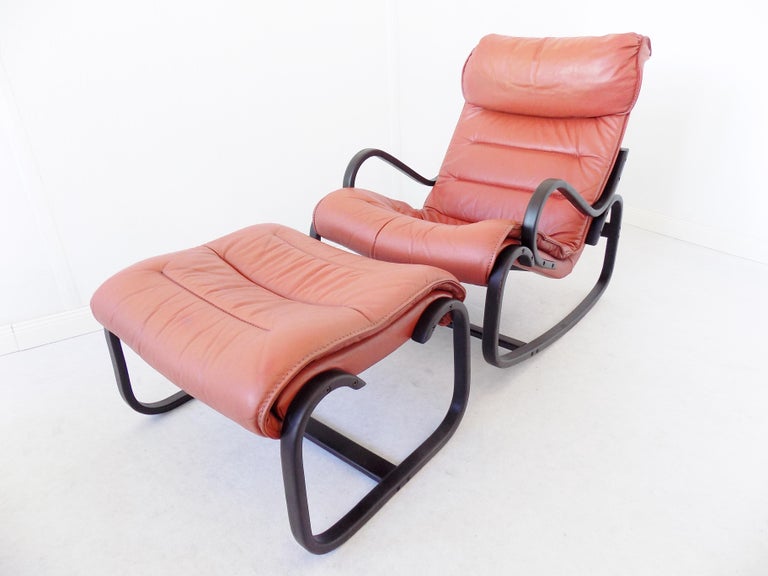 Strässle Rocking Chair with Ottoman in Red Leather at 1stDibs