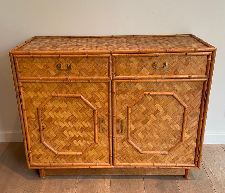 Straw and Bamboo Marquetry Chest of Drawers with Chinese Brass Handles ...