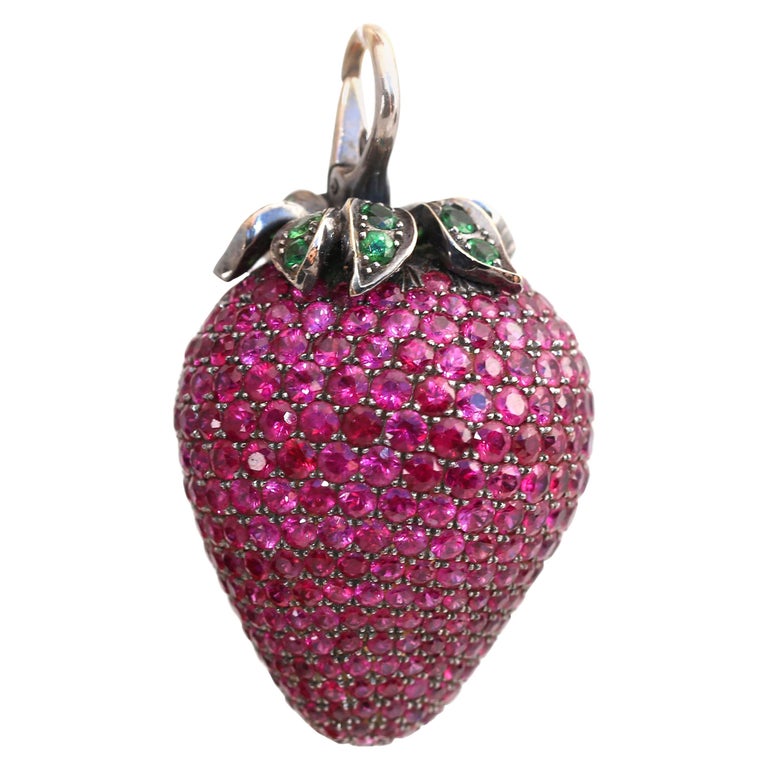 Strawberry Pendant Rubies Emerald Leon Popov 18k Gold Whimsical, 1990 ...
