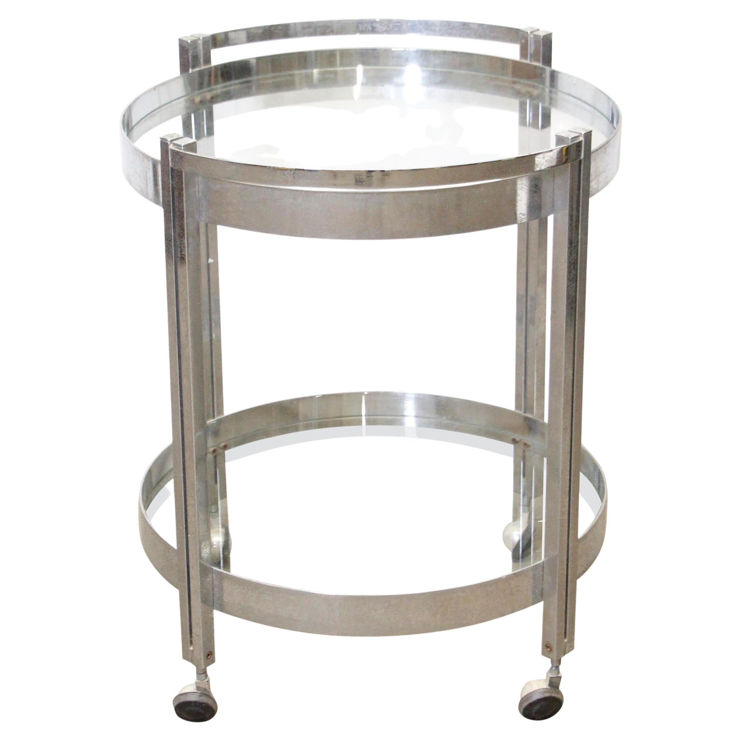 Streamlined Moderne Polished Steel Bar Cart 2 Tier Round Glass Shelves ...