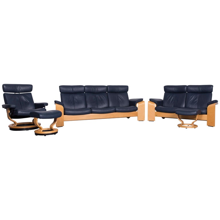 Stressless Designer Leather Sofa Armchair Foot-Stool Set in Blue with ...