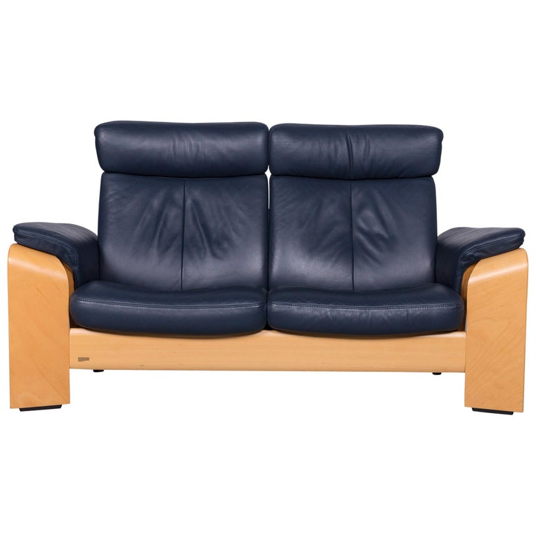 Stressless Designer Leather Sofa Two- Seat Couch in Blue with Function ...