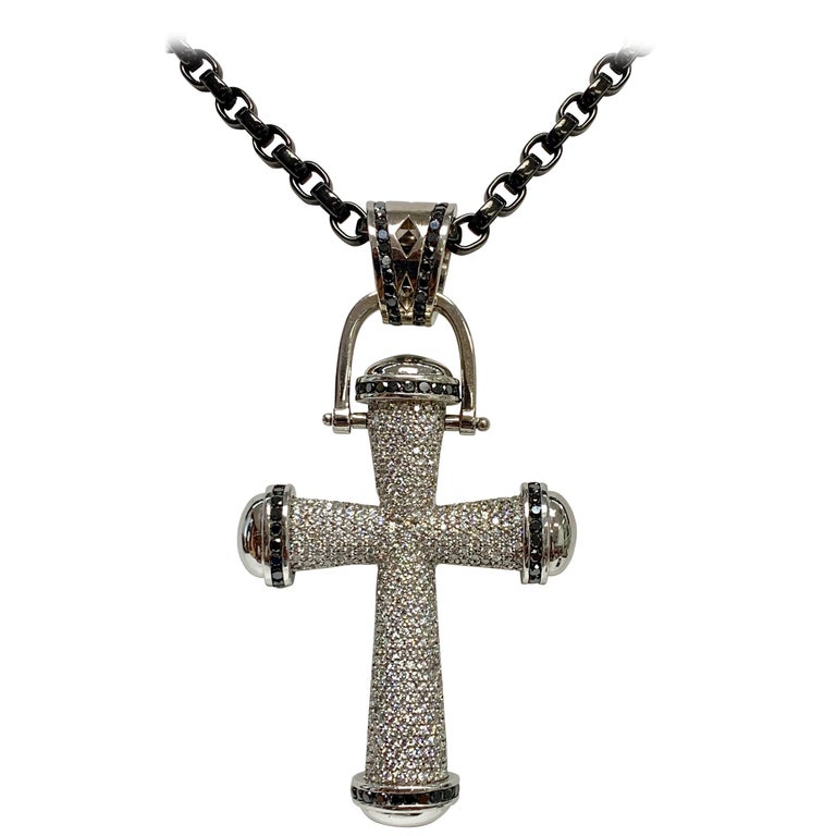 Black Pavé and White Pavé Diamond, White Gold Cross Pendant For Sale at ...