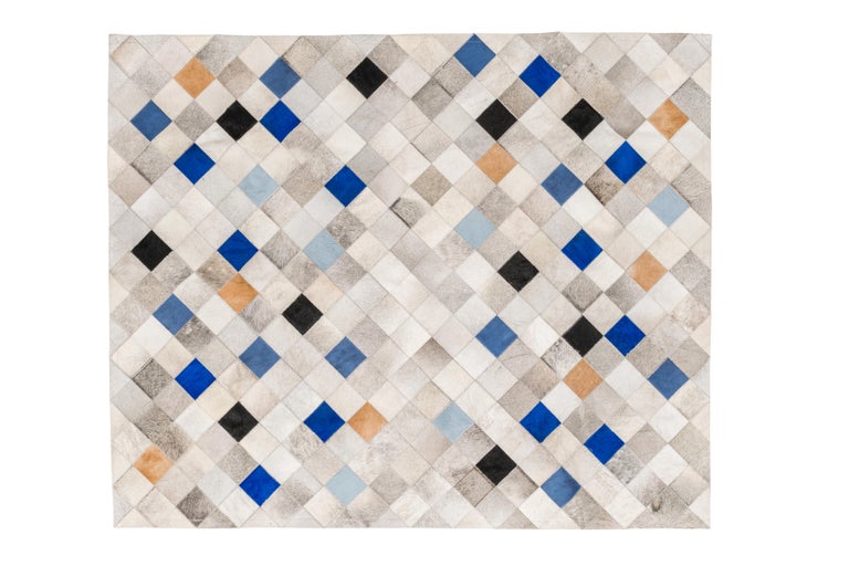 Gray, Blue and Caramel Falling Squares Cowhide Area Floor Rug Large For ...
