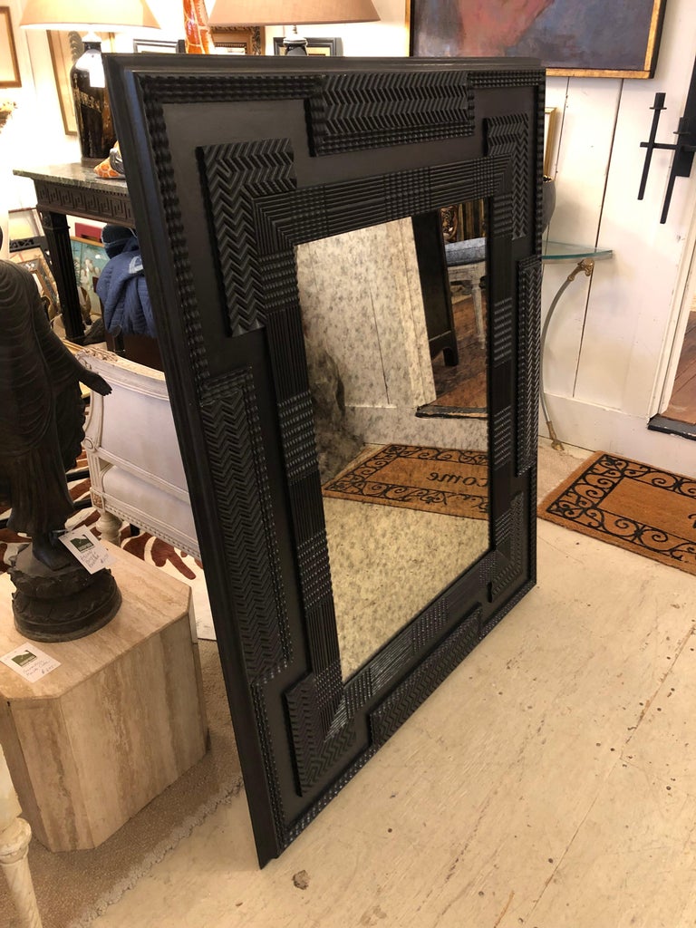 Striking Big Black Carved Wood Rectangular Mirror with Aged Glass at ...