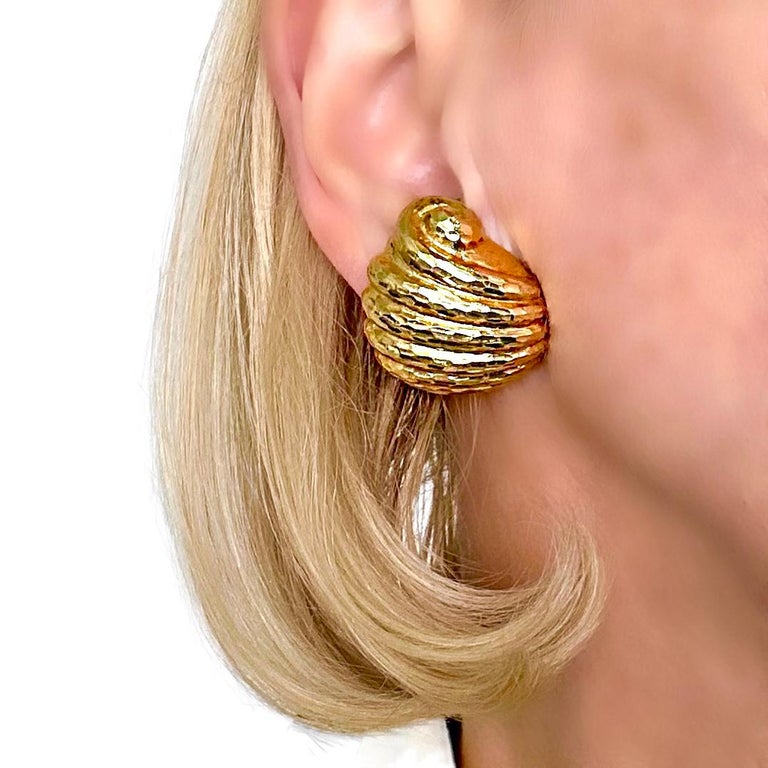 Striking Italian 18K Yellow Gold Hammered Finish Scroll Motif Earrings ...