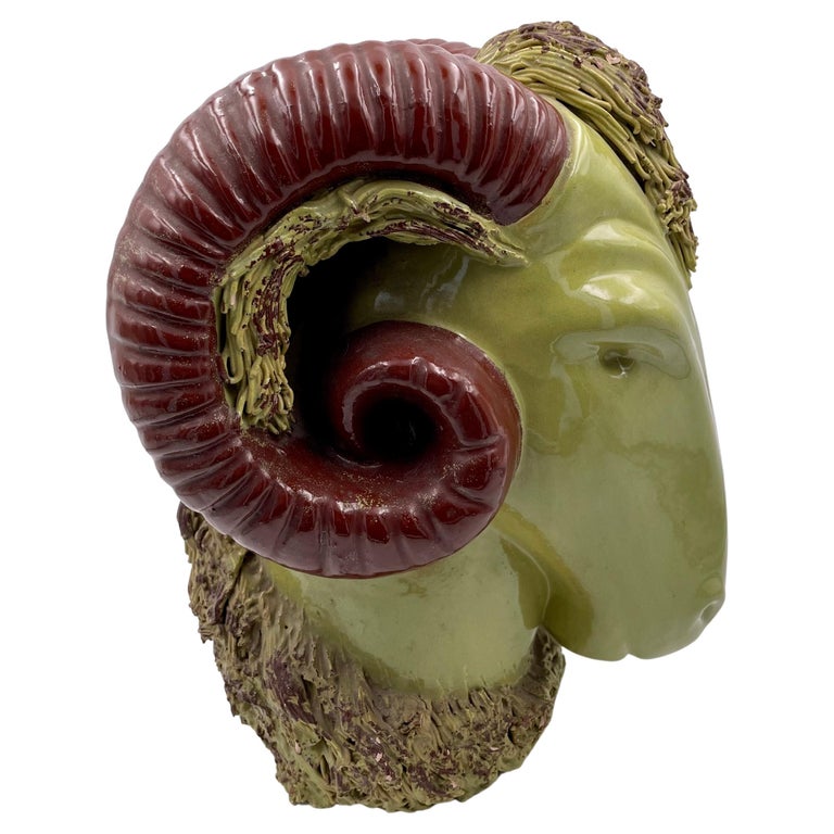 Striking Italian Ceramic Rams Head in Glossy Glaze For Sale at 1stDibs