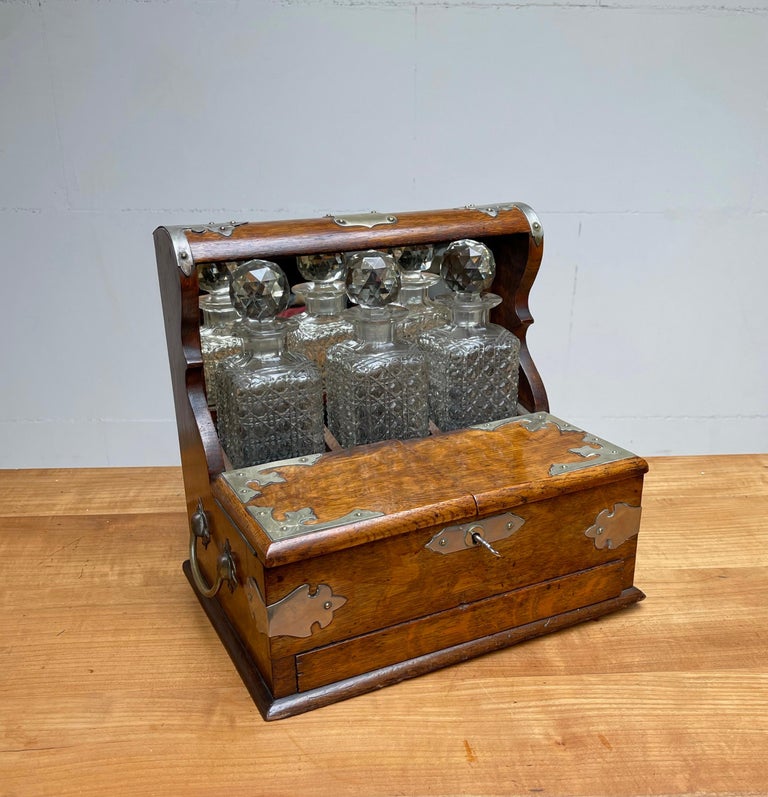 Striking Oak and Brass Tantalus with Whiskey or Liqueur Crystal ...