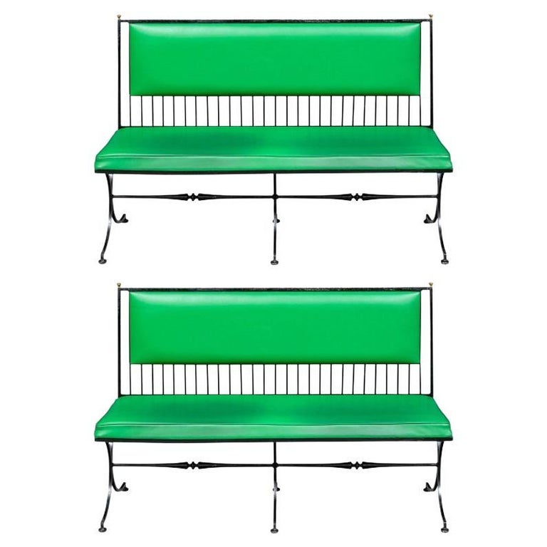 Striking Pair of Iron and Green Vinyl Benches After Tommi Parzinger For ...