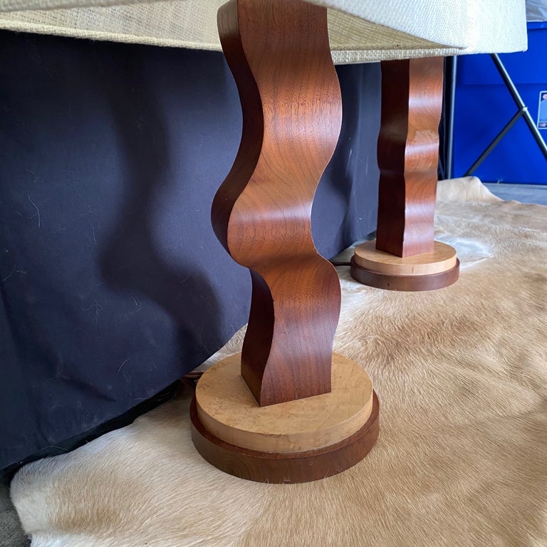 Striking Pair of Midcentury Modern Sculptured Wavy Teak Table Lamps For ...