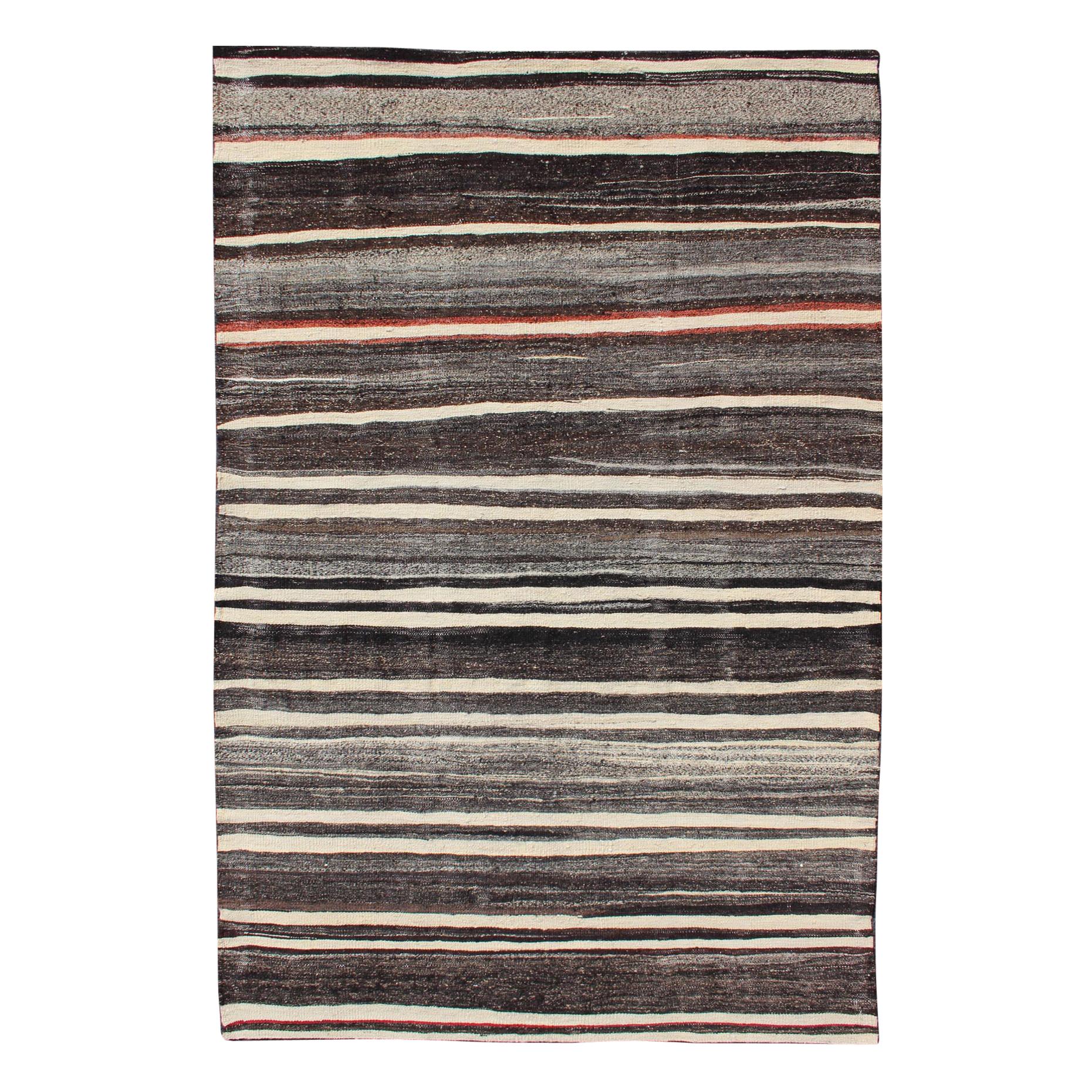 Turkish Vintage Kilim Flat-Weave Rug in Brown and Cream with Stripe ...