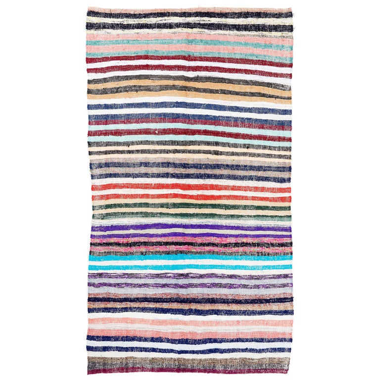 5x8.8 Ft Vintage Striped Cotton Kilim. Flatweave Rag Rug. Lovely ...