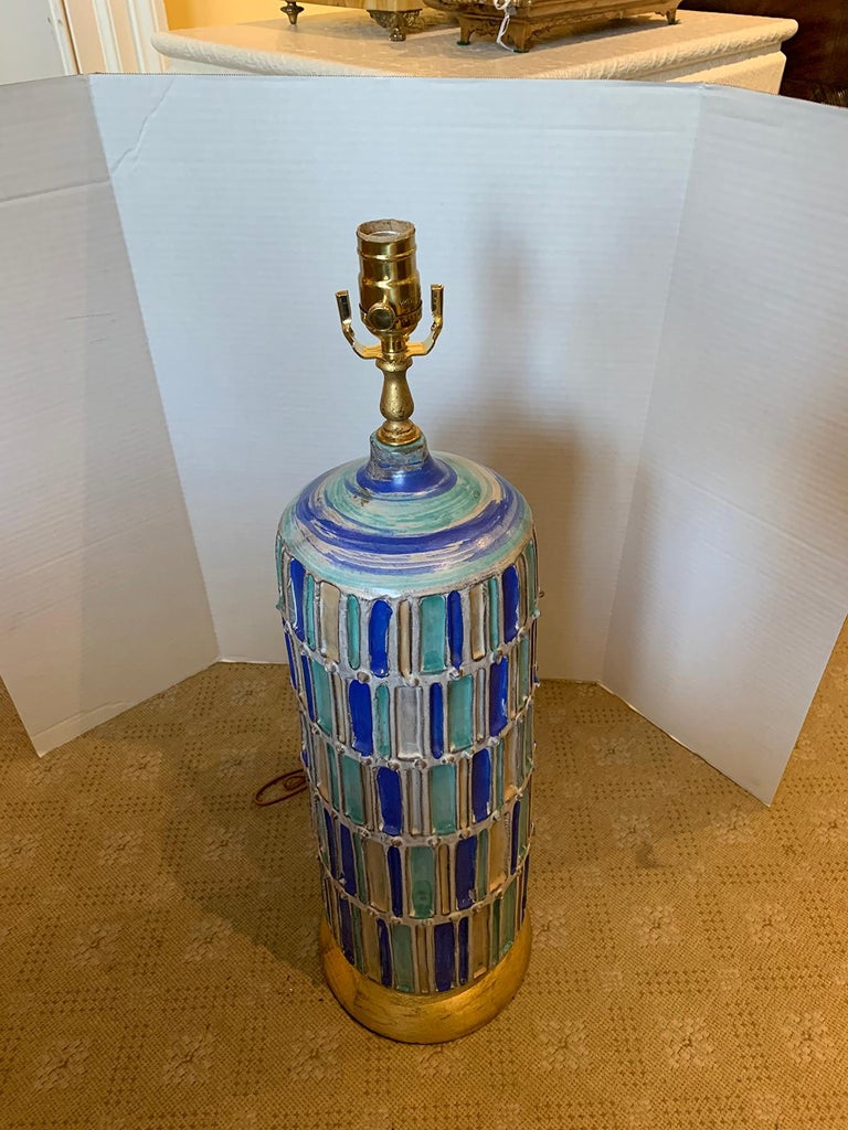 Striped Pottery Lamp on Custom Giltwood Base, Marked "Made in Italy ...