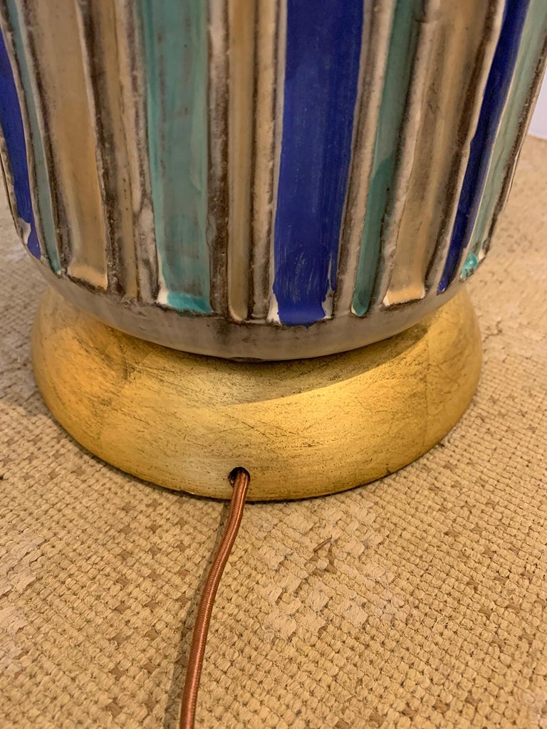 Striped Pottery Lamp on Custom Giltwood Base, Marked "Made in Italy ...