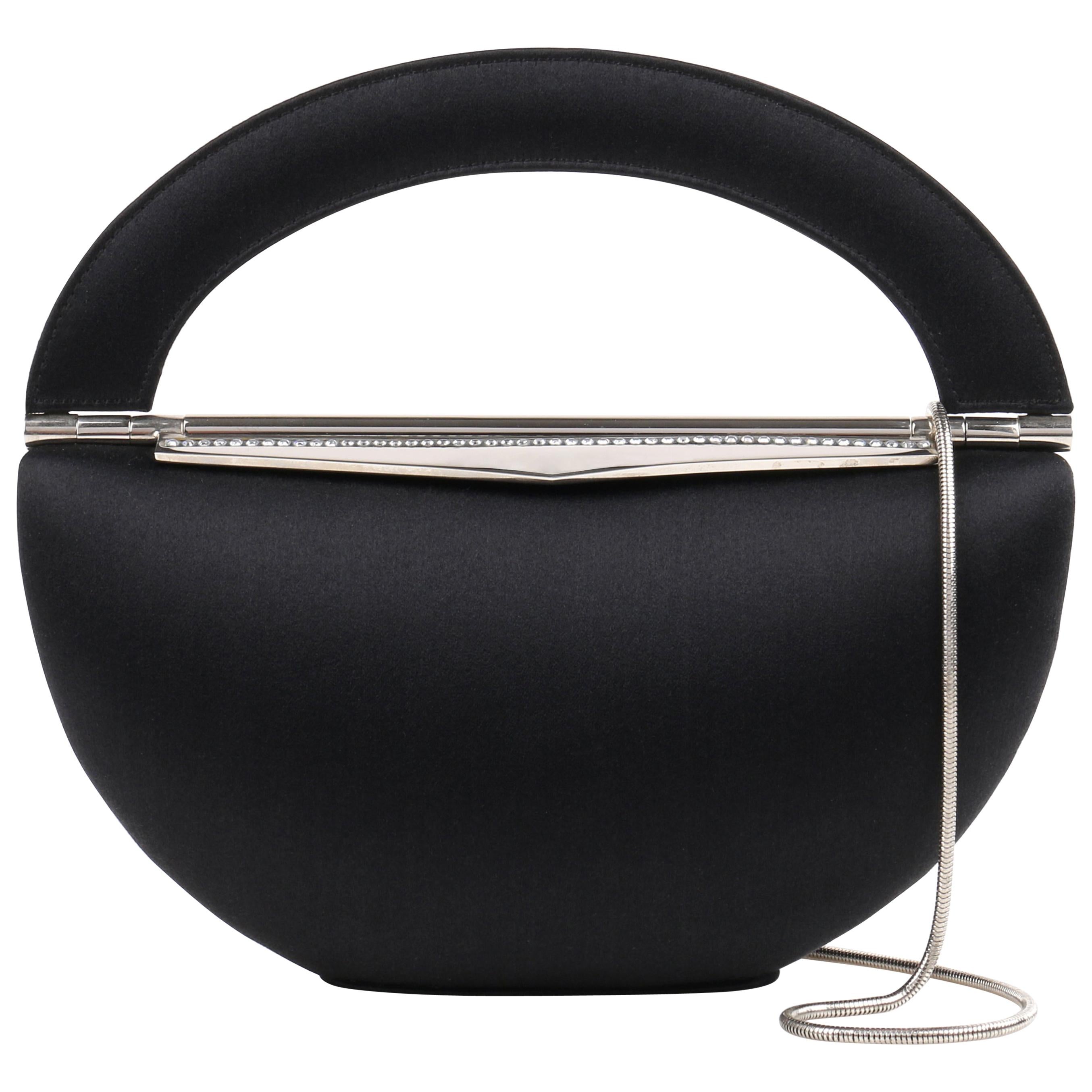 STUART WEITZMAN Black Satin Silver Crystal Evening Bag Handbag Clutch w ...