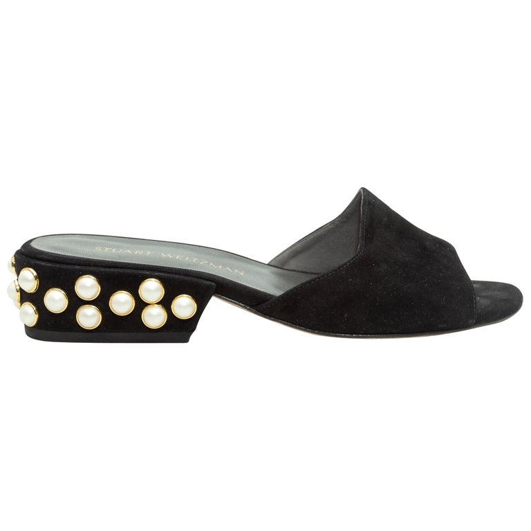 Stuart Weitzman Black Suede Faux Pearl-Embellished Slides For Sale at ...