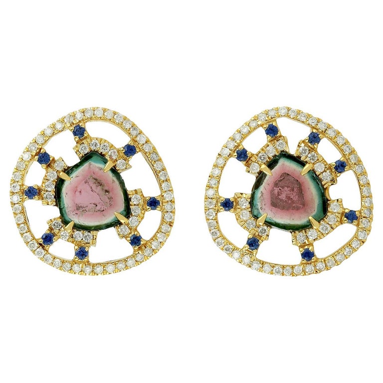 Stud Earring with Center Stone Water Melon Tourmaline with Sapphire and ...