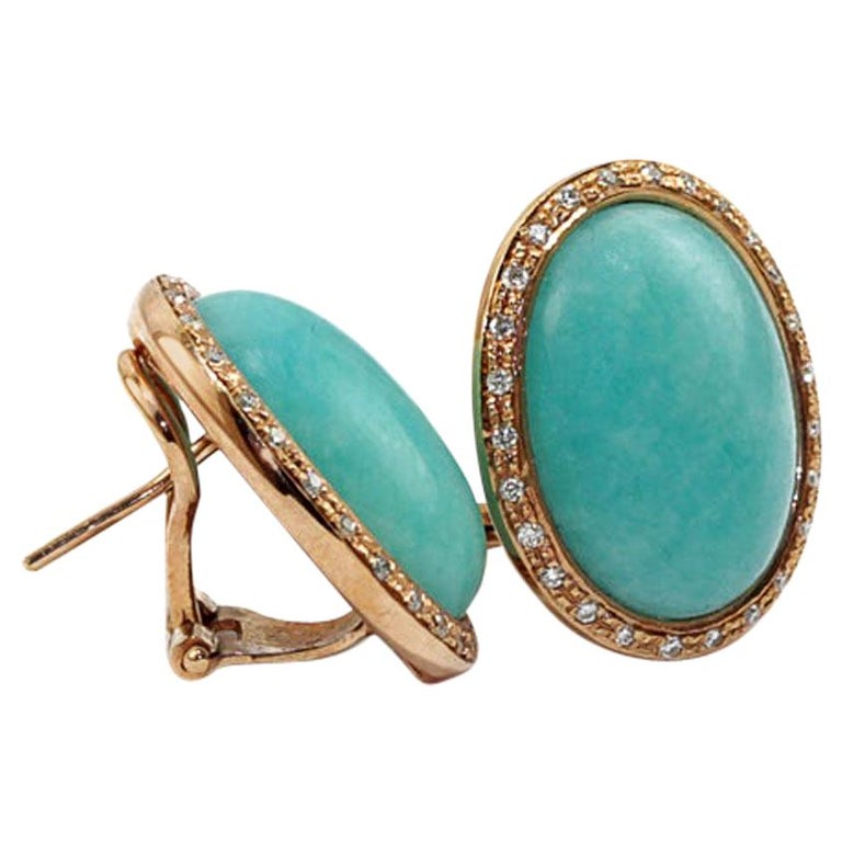 Stud Earrings in 18 Karat Gold, Amazonite and White Diamonds For Sale at 1stDibs