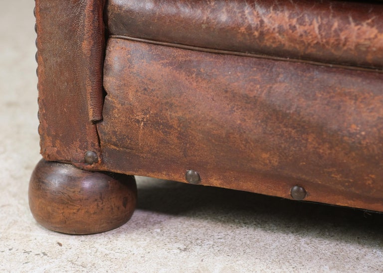 Studded Brown Leather and Green Cushion Club Chair with Round Wooden ...