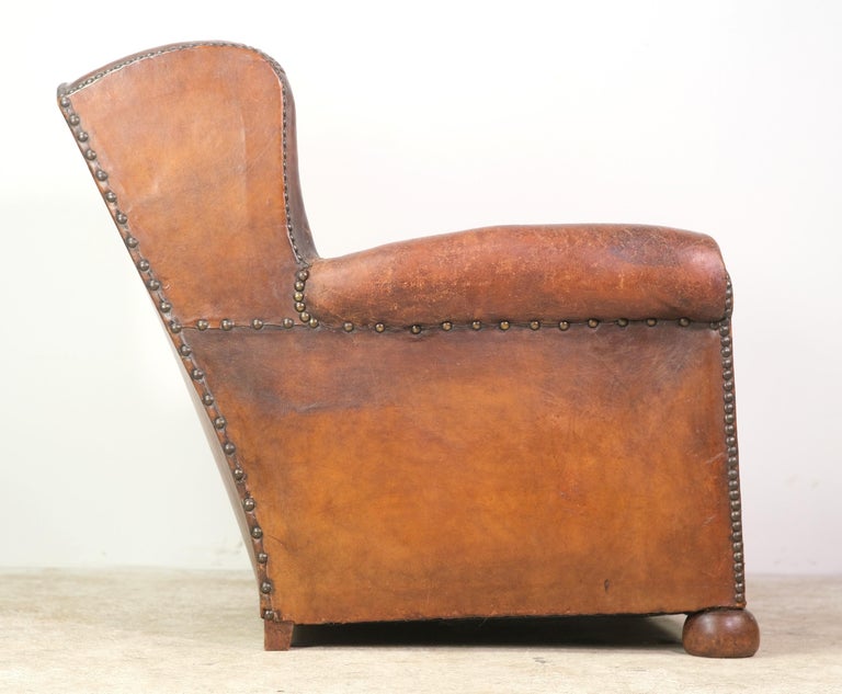 Studded Brown Leather and Green Cushion Club Chair with Round Wooden ...