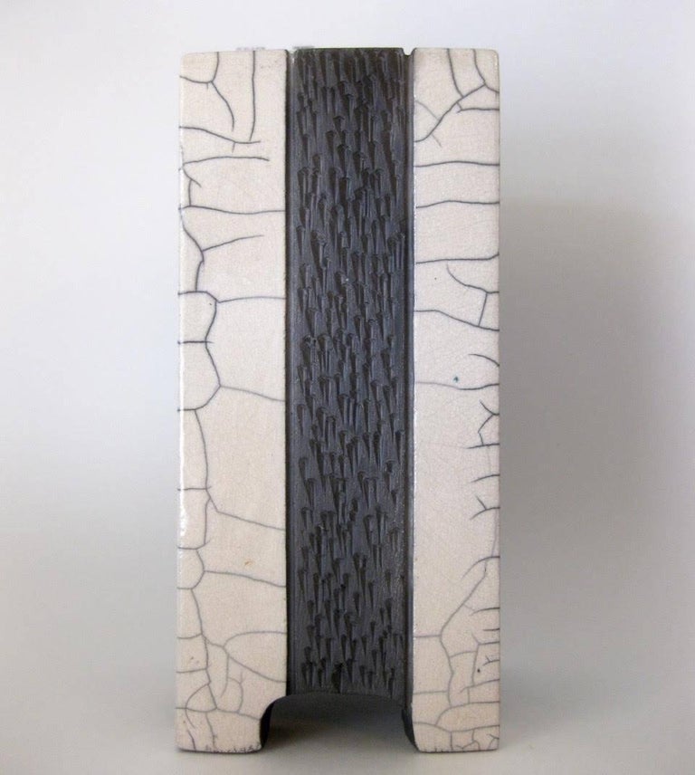 Studio Art Raku Pottery Teal Incised Waterfall Footed Vase at 1stDibs