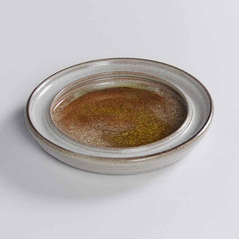Studio Ceramic Dish with Golden Crushed Glass Inlay For Sale at 1stDibs