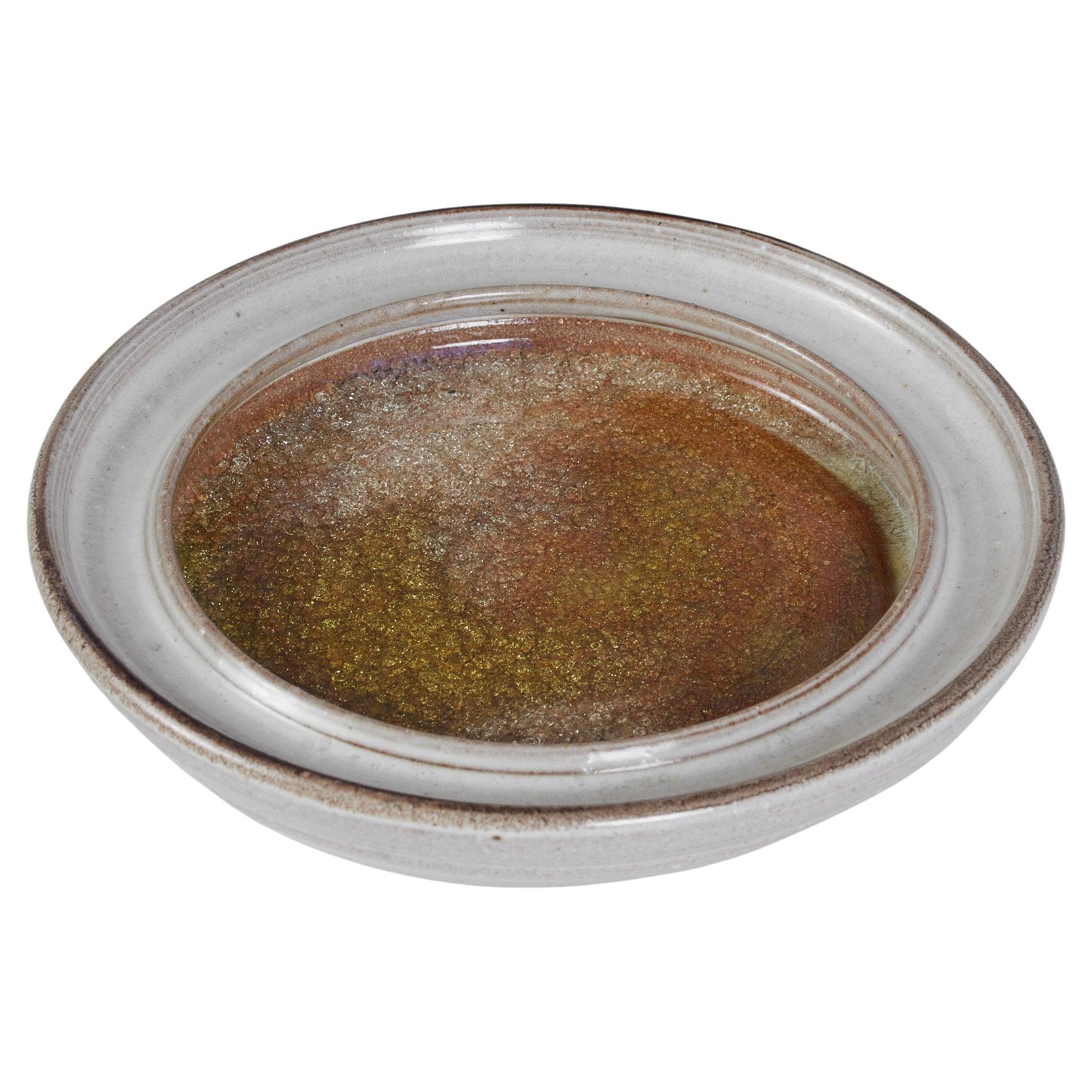 Studio Ceramic Dish with Golden Crushed Glass Inlay For Sale at 1stDibs