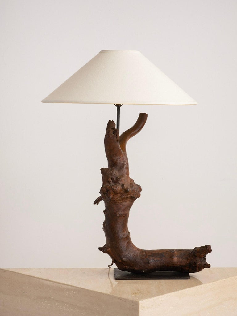 Studio Made Root Wood Table Lamp on Iron Base For Sale at 1stDibs