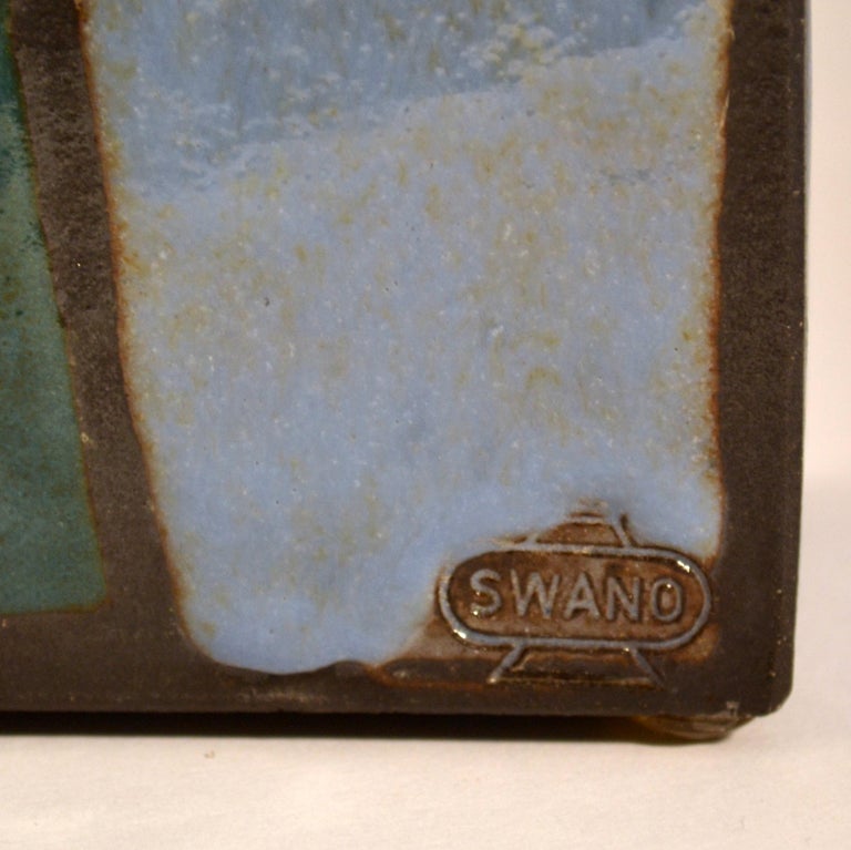 Studio Pottery Vase Decorated in Blue Tones Rectangular For Sale at 1stDibs