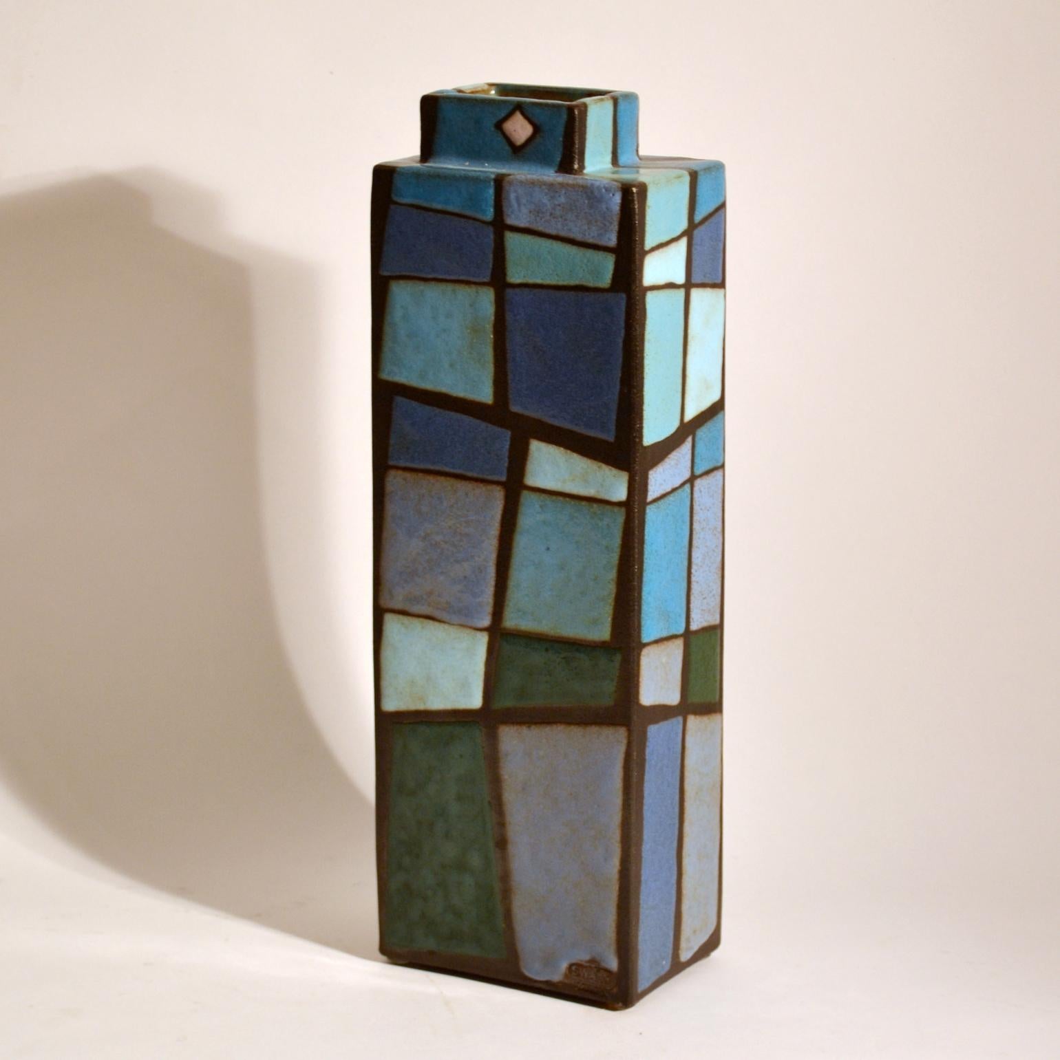 Geometric Studio Pottery Vase in Blue Squares For Sale at 1stDibs