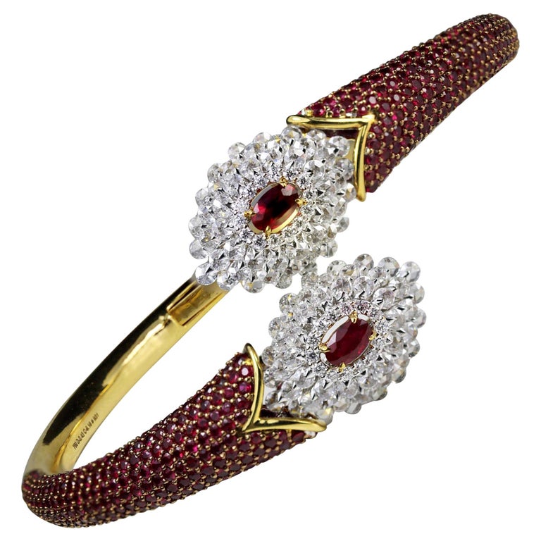 Studio Rêves Ruby with Rose Cut Diamond Studded Cluster Bracelet in 18k ...