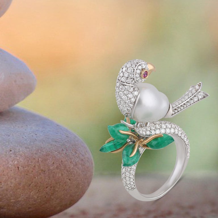 Studio Rêves White Ring-Neck Parrot Cocktail Ring in 18 Karat Gold at ...
