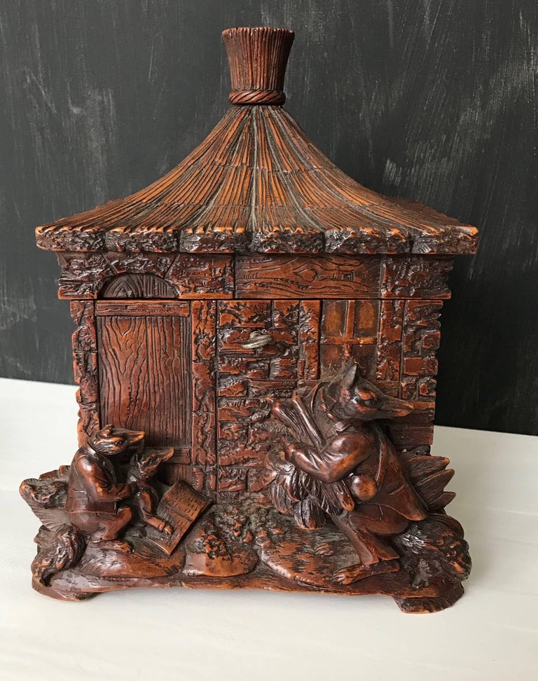 Stunning and Antique Black Forest Box, Carved Cottage w. Figural Fox ...