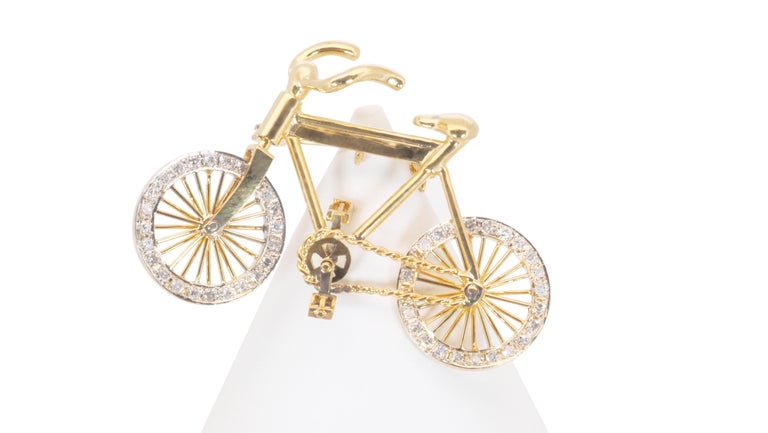 Stunning 14k Yellow Gold Bicycle Brooch with 0.50ct Natural Diamonds ...