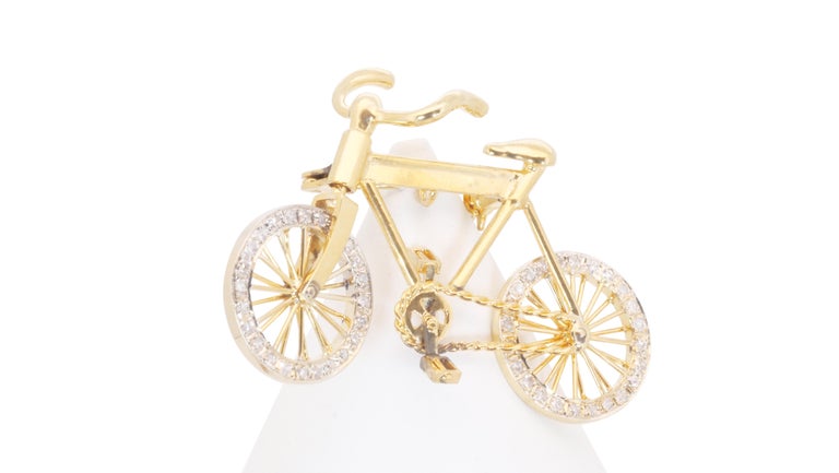 Stunning 14k Yellow Gold Bicycle Brooch with 0.50ct Natural Diamonds ...
