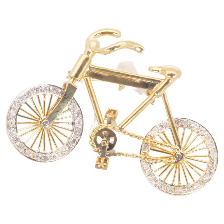 Stunning 14k Yellow Gold Bicycle Brooch with 0.50ct Natural Diamonds ...