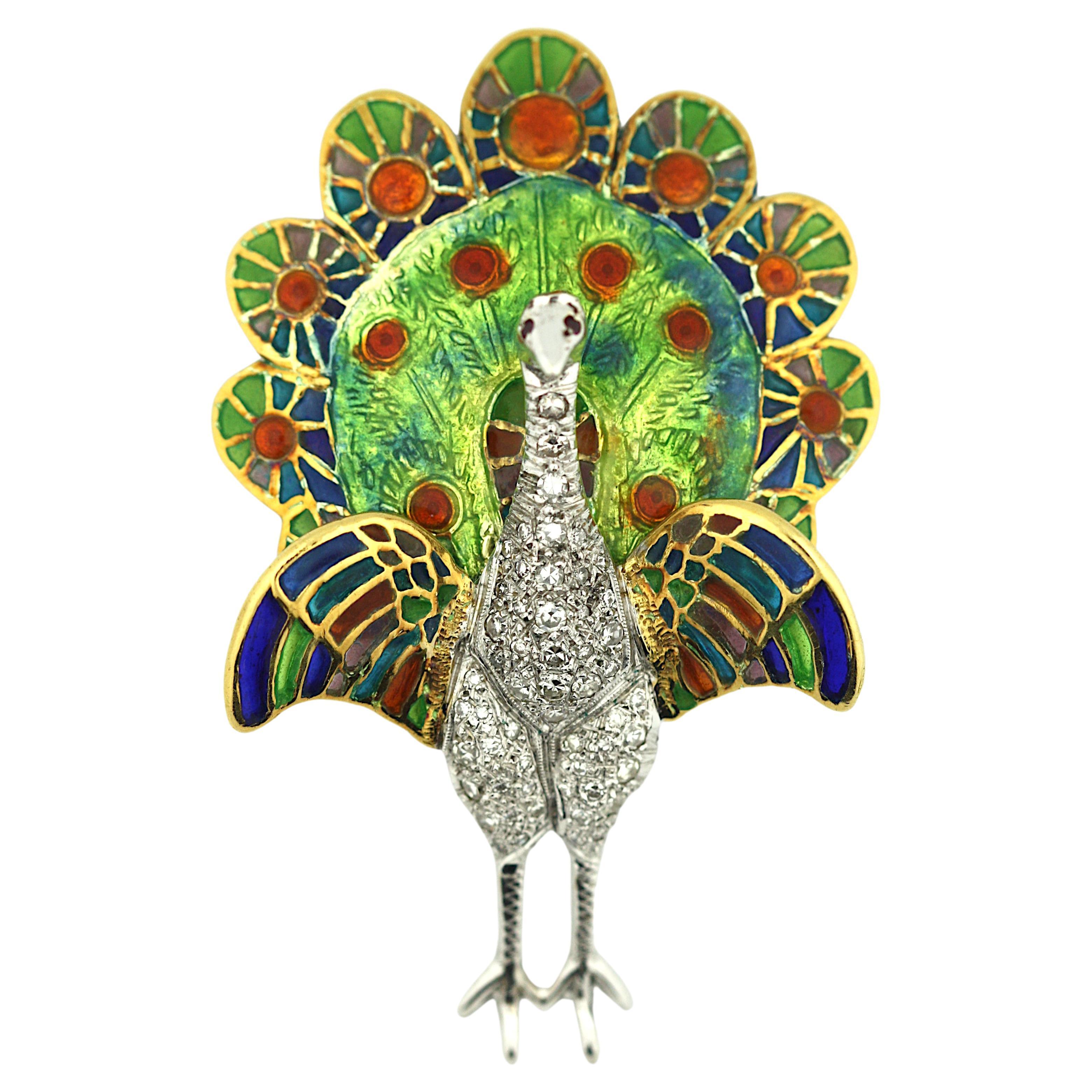 Enamel Precious Gemstone Gold Peacock Brooch at 1stDibs