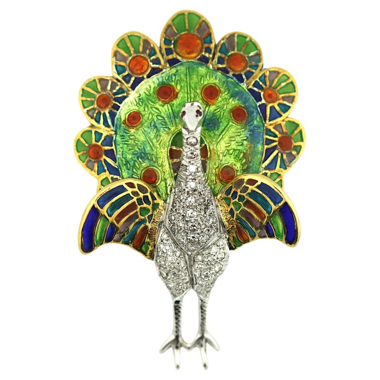 Stunning 18k Gold Art Deco Enameled Diamond Peacock Brooch For Sale at ...