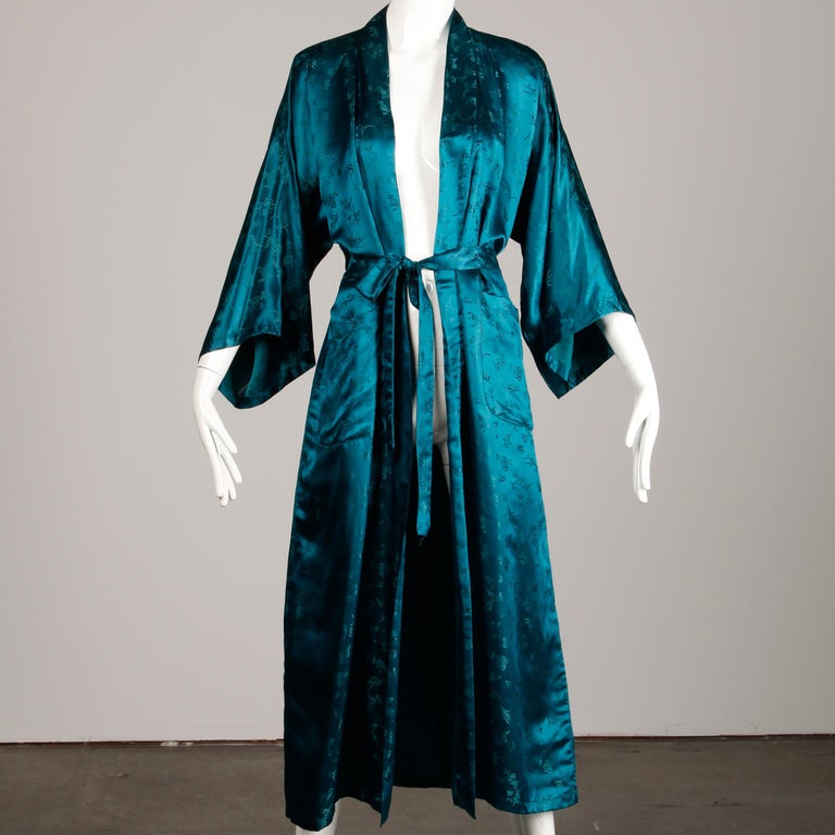 Stunning 20th C. Chinese Blue-Green Silk Satin Robe with Sash at ...