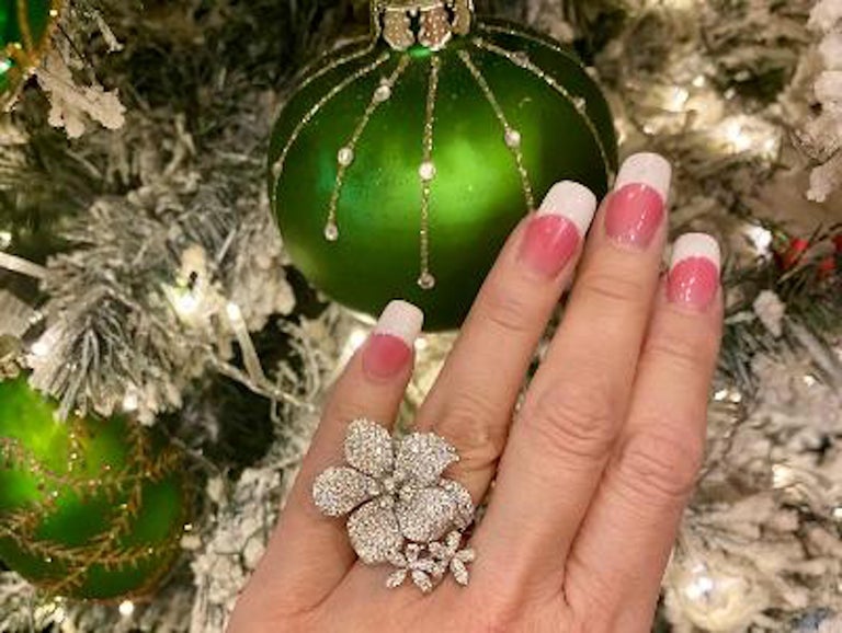 Stunning 6 Carat Pavé Diamond Triple Flower Ring in 18 Karat White Gold ...