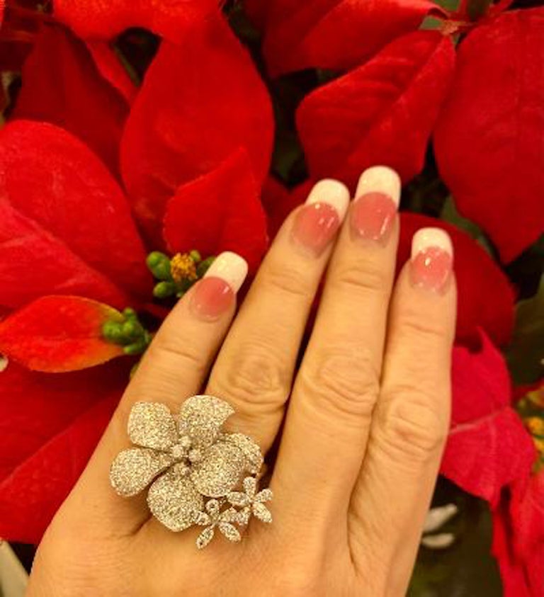 Stunning 6 Carat Pavé Diamond Triple Flower Ring in 18 Karat White Gold ...